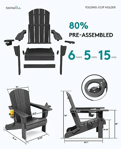 SERWALL Foldable Adirondack Chair, HDPE Adirondack Chair with Wood-Texture-Gray