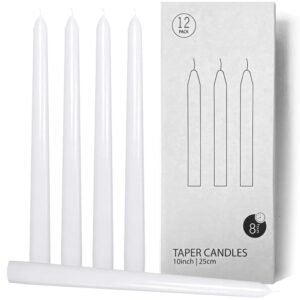 topsics 12 pcs white taper candles, 10 inch unscented long taper candles white, low heat romantic candles for couples, wedding, home decoration, dinner, christmas