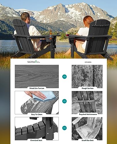 SERWALL Foldable Adirondack Chair, HDPE Adirondack Chair with Wood-Texture-Gray