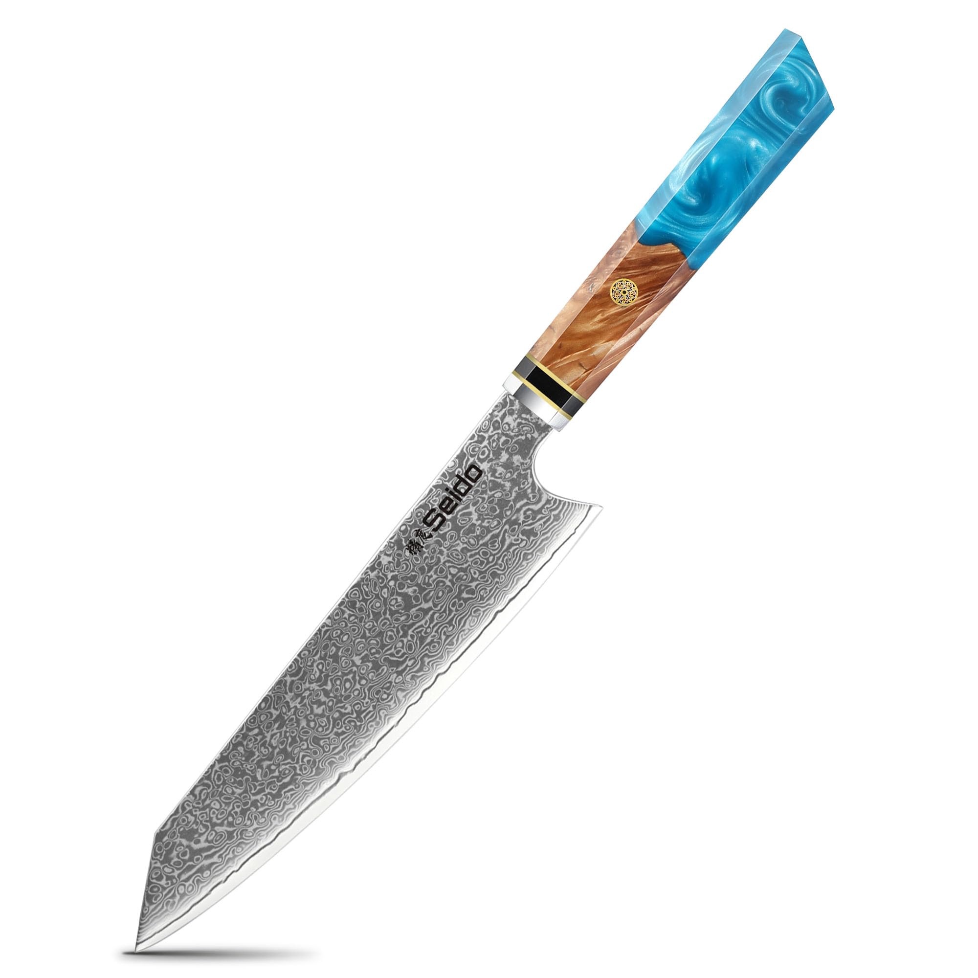 Seido Knives Kiritsuke Damascus Steel Chef Knife Epoxy Resin Stabilized Wood Handle Professional Kitchen Knife VG10 High Carbon Stainless Steel, Sky Blue