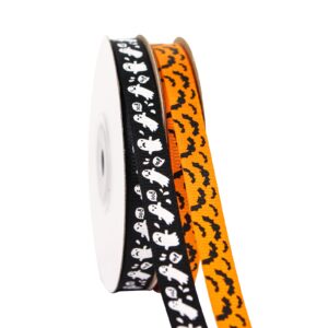 2 rolls 50 yards halloween ribbon 3/8 inch wide, bat and ghost grosgrain ribbon for gift wrapping, halloween decoration, sewing, diy crafts (orange/black)