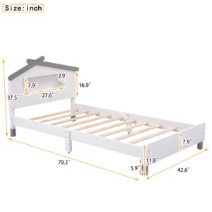 Bellemave Twin Platform Bed with LED Lights, Wooden Twin Kids Bed with House-Shaped Headboard, Twin Size House Bed Frame for Kids Teens Girls Boys,No Box Spring Needed (White+Gray)