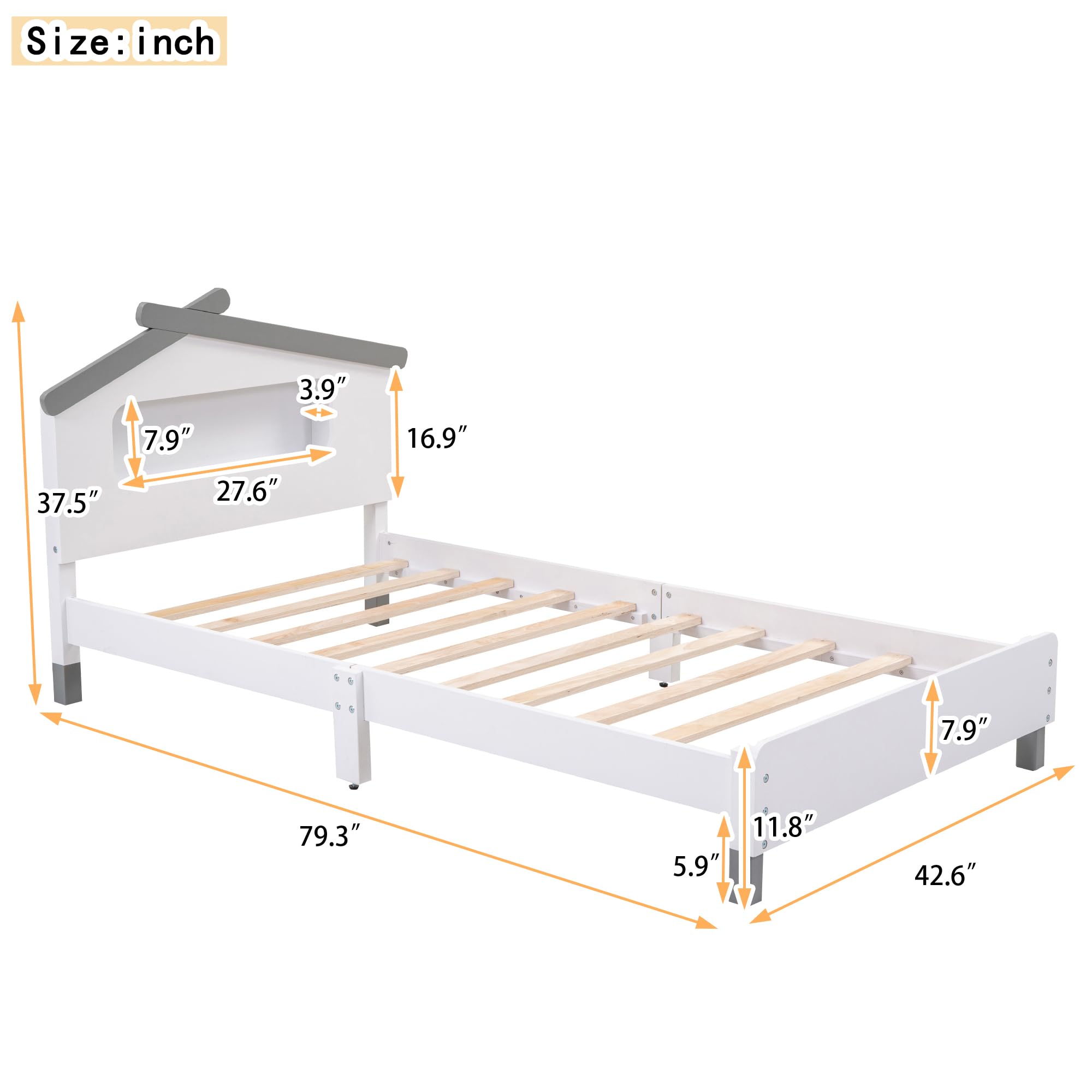 Bellemave Twin Platform Bed with LED Lights, Wooden Twin Kids Bed with House-Shaped Headboard, Twin Size House Bed Frame for Kids Teens Girls Boys,No Box Spring Needed (White+Gray)