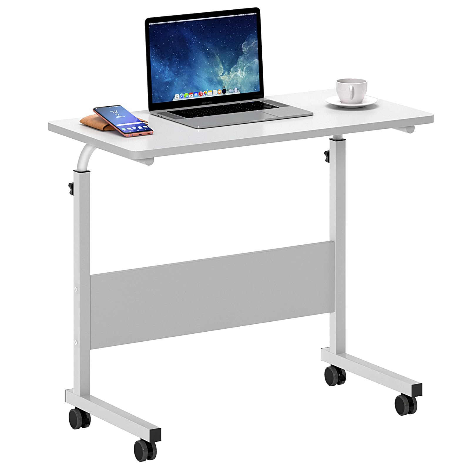 SogesHome 31.5inches Adjustable Mobile Bed Table Portable Laptop Computer Stand Desks with Rolling Wheels, White