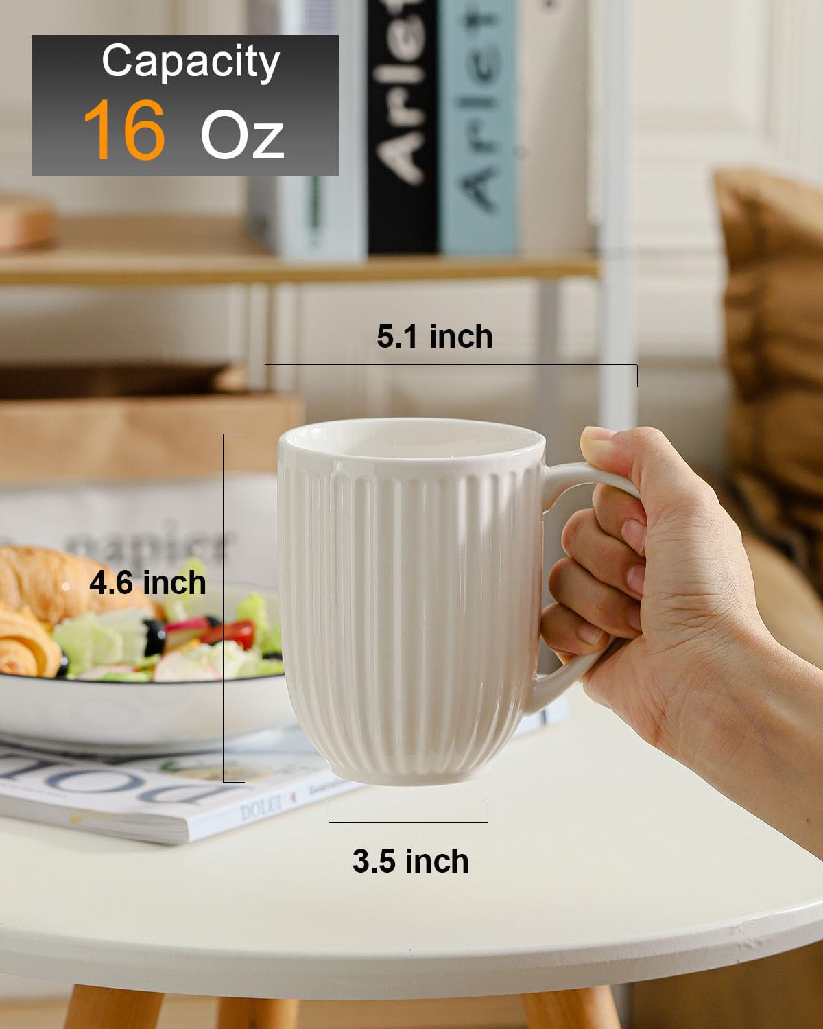 Hasense Ceramic Coffee Mugs Set of 4, 16 Oz Large Ribbed Coffee Cups with Big Handle, Unique Modern Style White Latte Mugs for Tea,Cocoa,Milk,Cappuccino, Microwave & Dishwasher Safe