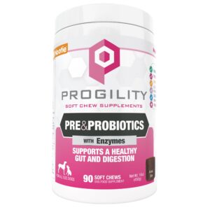 nootie progility pre & probiotic supplement, digestive aid supplement for dogs, 90 soft chews per container