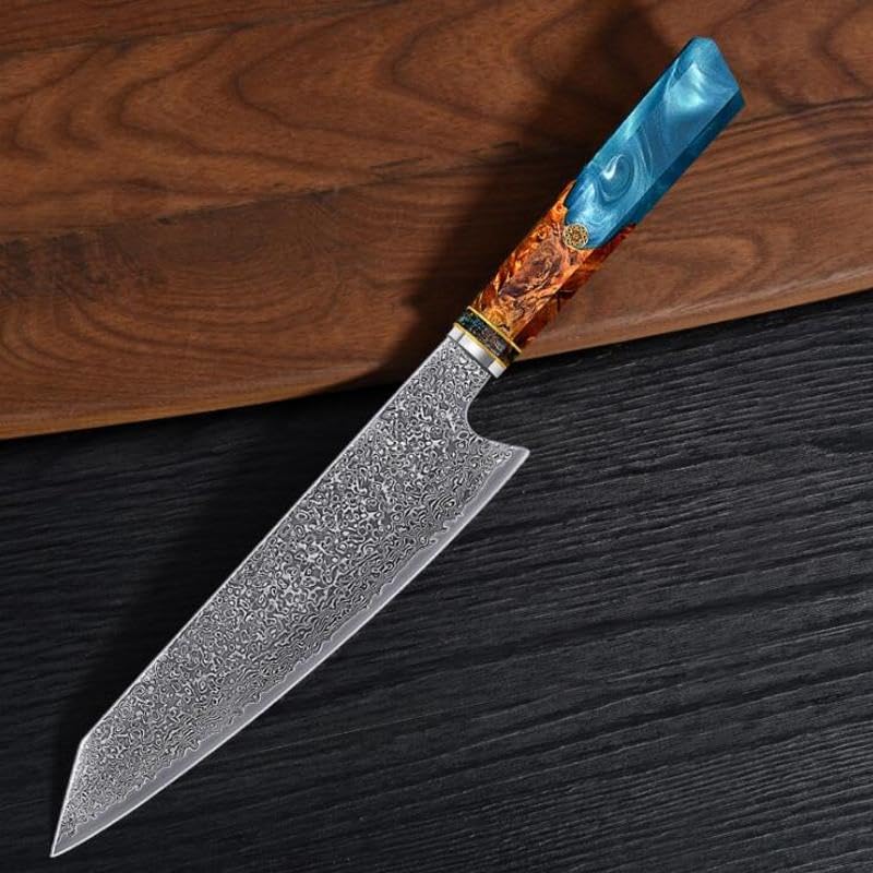 Seido Knives Kiritsuke Damascus Steel Chef Knife Epoxy Resin Stabilized Wood Handle Professional Kitchen Knife VG10 High Carbon Stainless Steel, Sky Blue