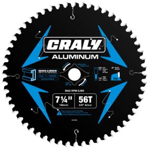 CRALY 7-1/4 Inch 56 Teeth Aluminum and Non-Ferrous Metal Cutting Circular Saw Blade, 5/8 Inch Arbor, Carbide Tipped, Thin Kerf, Black Ice Coating, for Medium Aluminum, Plastic, Composite(C0756AL)