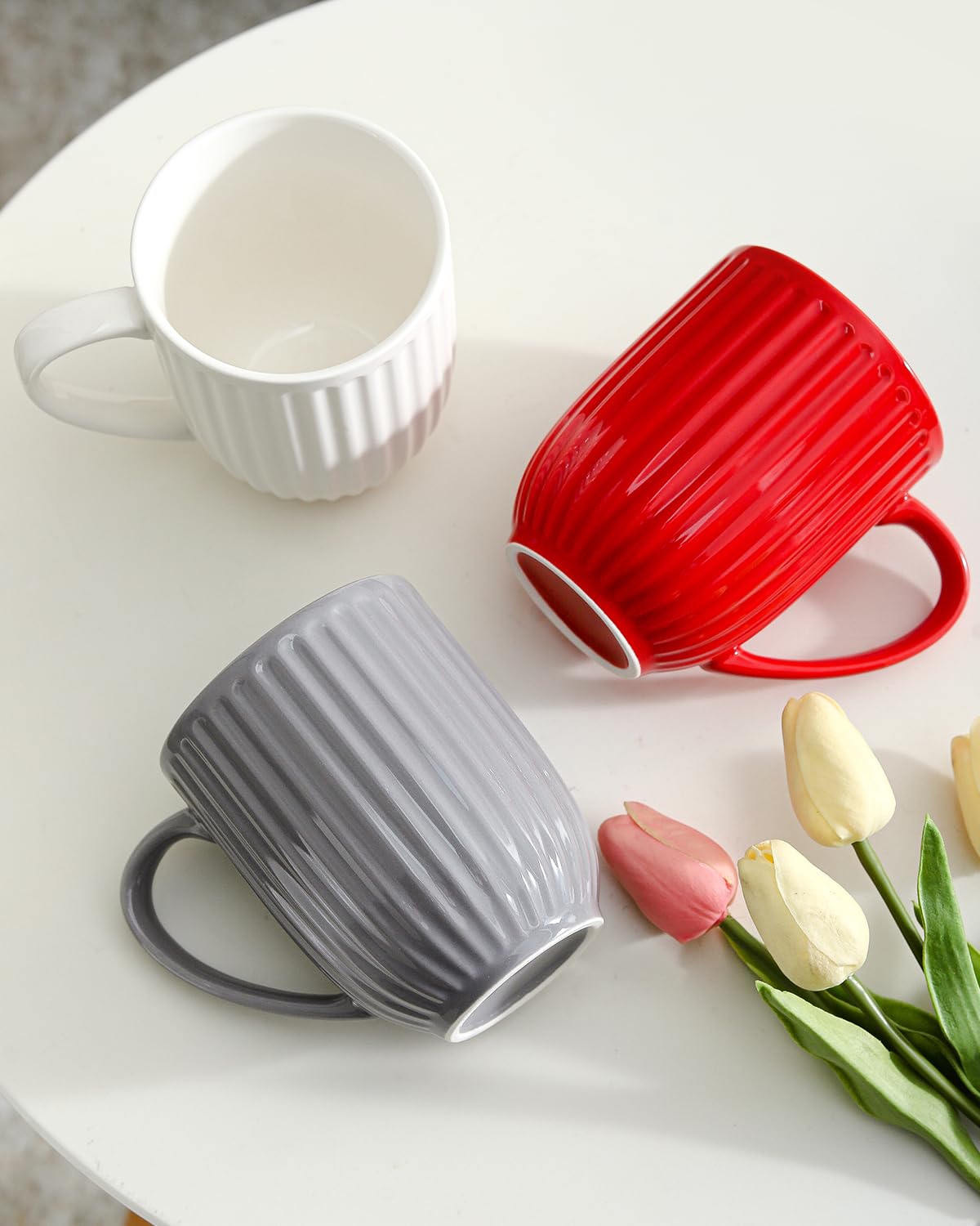 Hasense Ceramic Coffee Mugs Set of 4, 16 Oz Large Ribbed Coffee Cups with Big Handle, Unique Modern Style White Latte Mugs for Tea,Cocoa,Milk,Cappuccino, Microwave & Dishwasher Safe