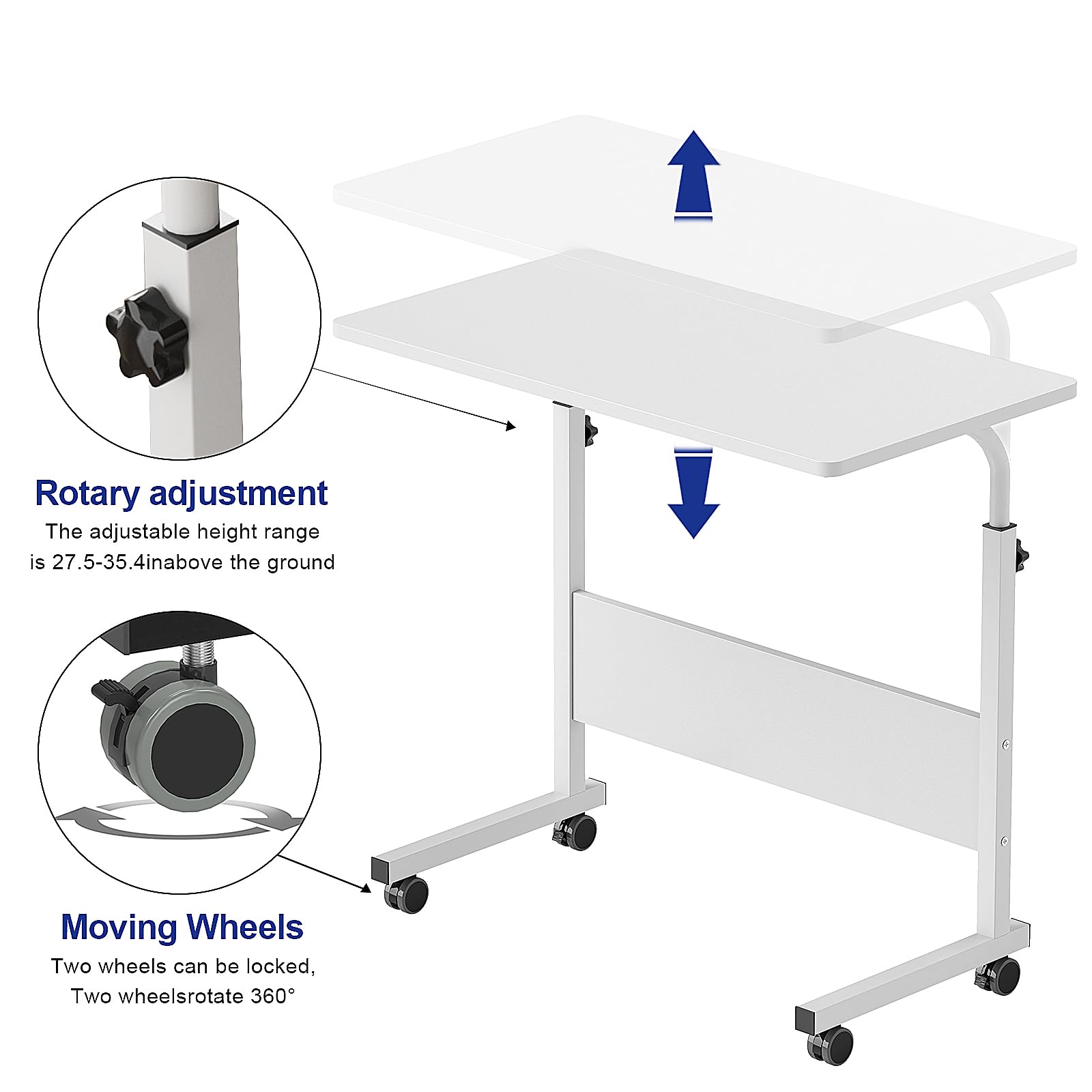 SogesHome 31.5inches Adjustable Mobile Bed Table Portable Laptop Computer Stand Desks with Rolling Wheels, White