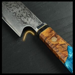 Seido Knives Kiritsuke Damascus Steel Chef Knife Epoxy Resin Stabilized Wood Handle Professional Kitchen Knife VG10 High Carbon Stainless Steel, Sky Blue