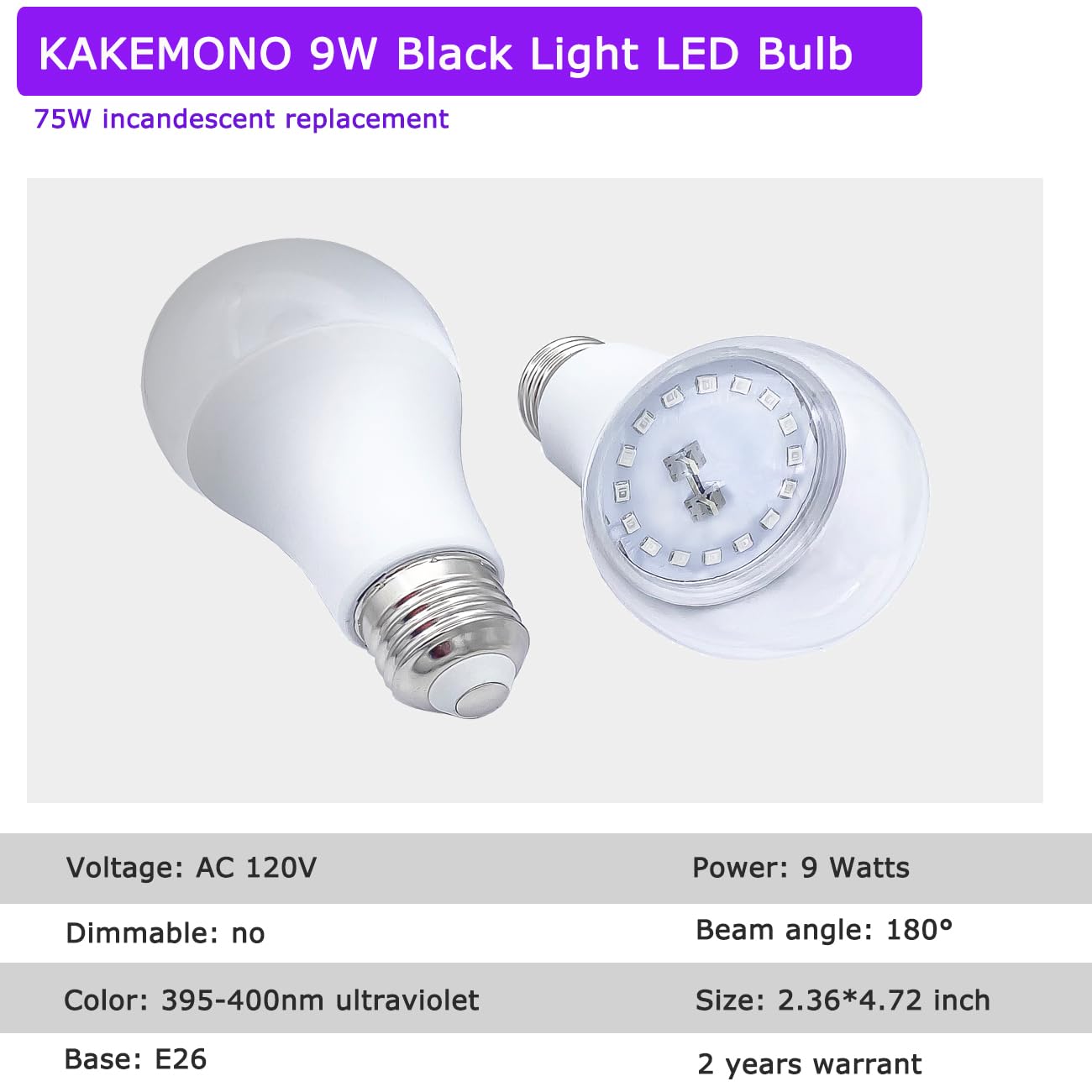 KAKEMONO Black Light Bulb 9W LED A19 Blacklight(75Watt Equivalent),E26 Medium Base 120V,UVA Level 395-400nm,Glow in The Dark for Blacklights Party,Body Paint,Fluorescent Poster,Pack of 3