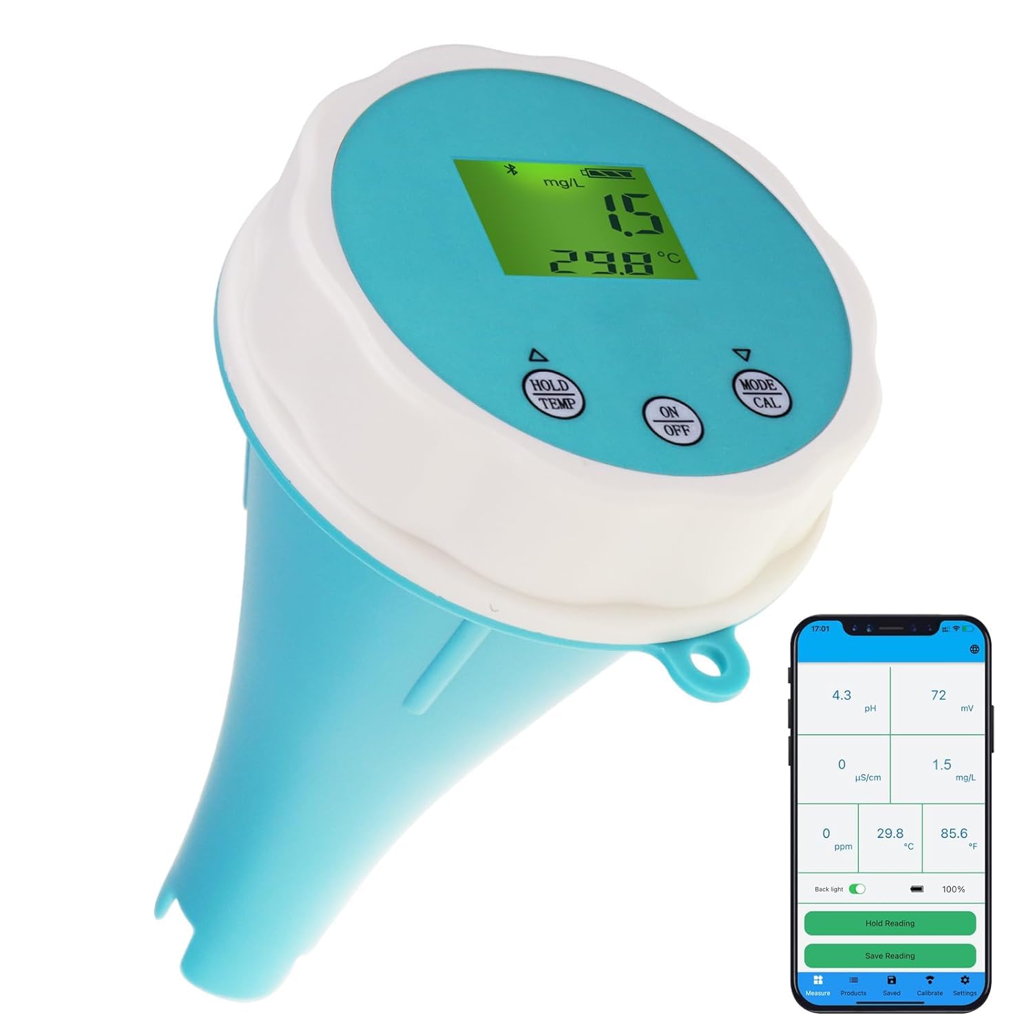 Smart Water Quality Tester: 6-in-1 Bluetooth Floating Monitor for Pools, Spas, and Hydroponics - pH, EC, ORP, Chlorine, Salinity, and Temperature Measurement