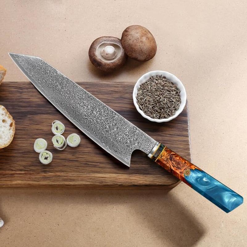 Seido Knives Kiritsuke Damascus Steel Chef Knife Epoxy Resin Stabilized Wood Handle Professional Kitchen Knife VG10 High Carbon Stainless Steel, Sky Blue