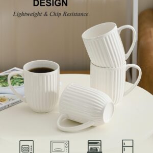 Hasense Ceramic Coffee Mugs Set of 4, 16 Oz Large Ribbed Coffee Cups with Big Handle, Unique Modern Style White Latte Mugs for Tea,Cocoa,Milk,Cappuccino, Microwave & Dishwasher Safe