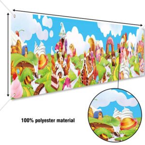 DOTOOMA 118 x 20 In Candyland Sweet Cartoon Rainbow Cupcake Ice Cream Castle Theme Yard Banner Sign Decorations Baby Shower Girls Birthday Party Cake Table Polyester Supplies