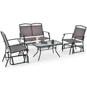 giantex 4 pcs outdoor glider chairs set - patio furniture set with tempered glass table, heavy-duty metal frame, gliding rocking chair, conversation set for front porch, yard, poolside (4 pcs, brown)