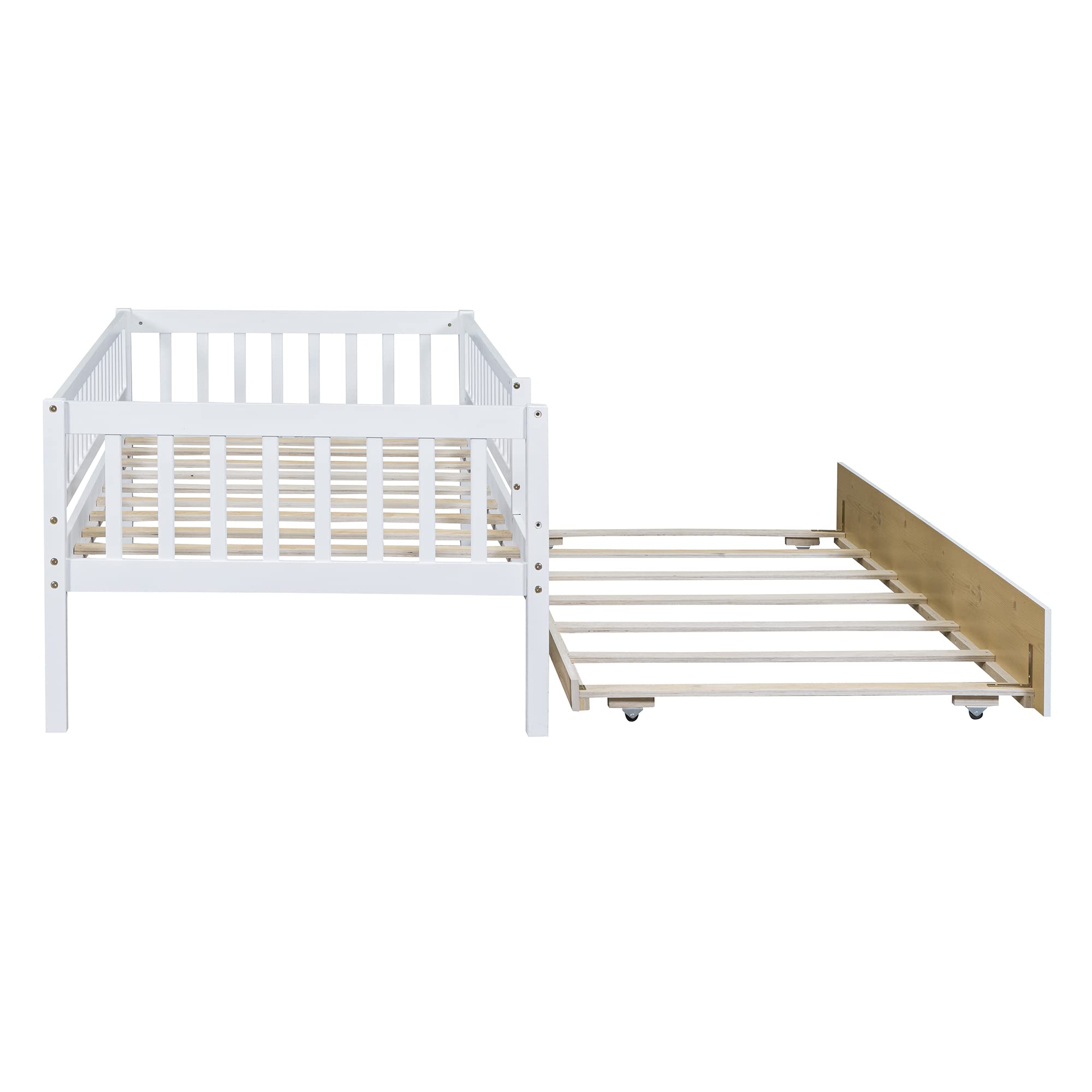 Hlcodca Twin Size Bed Frame with Trundle and Fence Guardrails for Kids Teens Adults, Wood Slat Support, No Box Spring Needed, Easy Assembly (White, Twin)