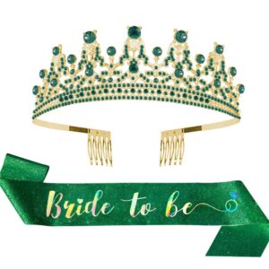 alrbe tin tiara for engagement party, bride to be sash and crown set for women girls bridal shower decorations green crowns for women bachelorette party