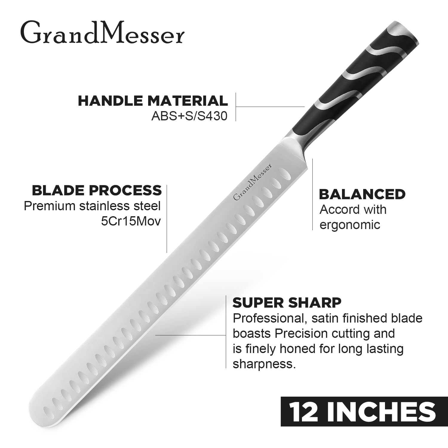 GrandMesser Carving Knife, 12 Inch Slicing Knife for Meat, Premium German Steel Brisket Knife with ABS Handle, for BBQ Brisket Turkey Ham Rib Roast Beef with Sharpener.