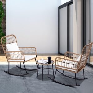 3-Pieces Patio Outdoor Rocking Chairs Set,Beige Wicker Patio Furniture Set Rattan Woven Blacony Furniture Set for Outdoor Indoor with Washable White Cushions and Glass Coffee Table