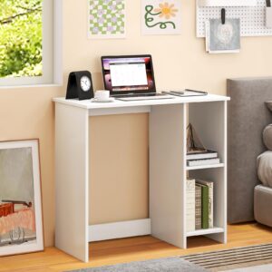 Tangkula Small White Desk with Shelves, Compact Small Desk for Small Space, Study Writing Desk with 2 Tier Shelves, Modern Simple Style Laptop Desk, PC Desk, Kid’s Desk, White