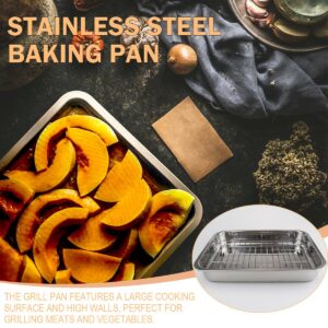 Roasting Pan with Rack Stainless Steel Roaster Pan Tray Rectangular Baking Pan BBQ Bakeware Quarter Sheet with Handles for Baking Cooking (23.5x17.5x5CM)