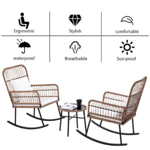 3-Pieces Patio Outdoor Rocking Chairs Set,Beige Wicker Patio Furniture Set Rattan Woven Blacony Furniture Set for Outdoor Indoor with Washable White Cushions and Glass Coffee Table