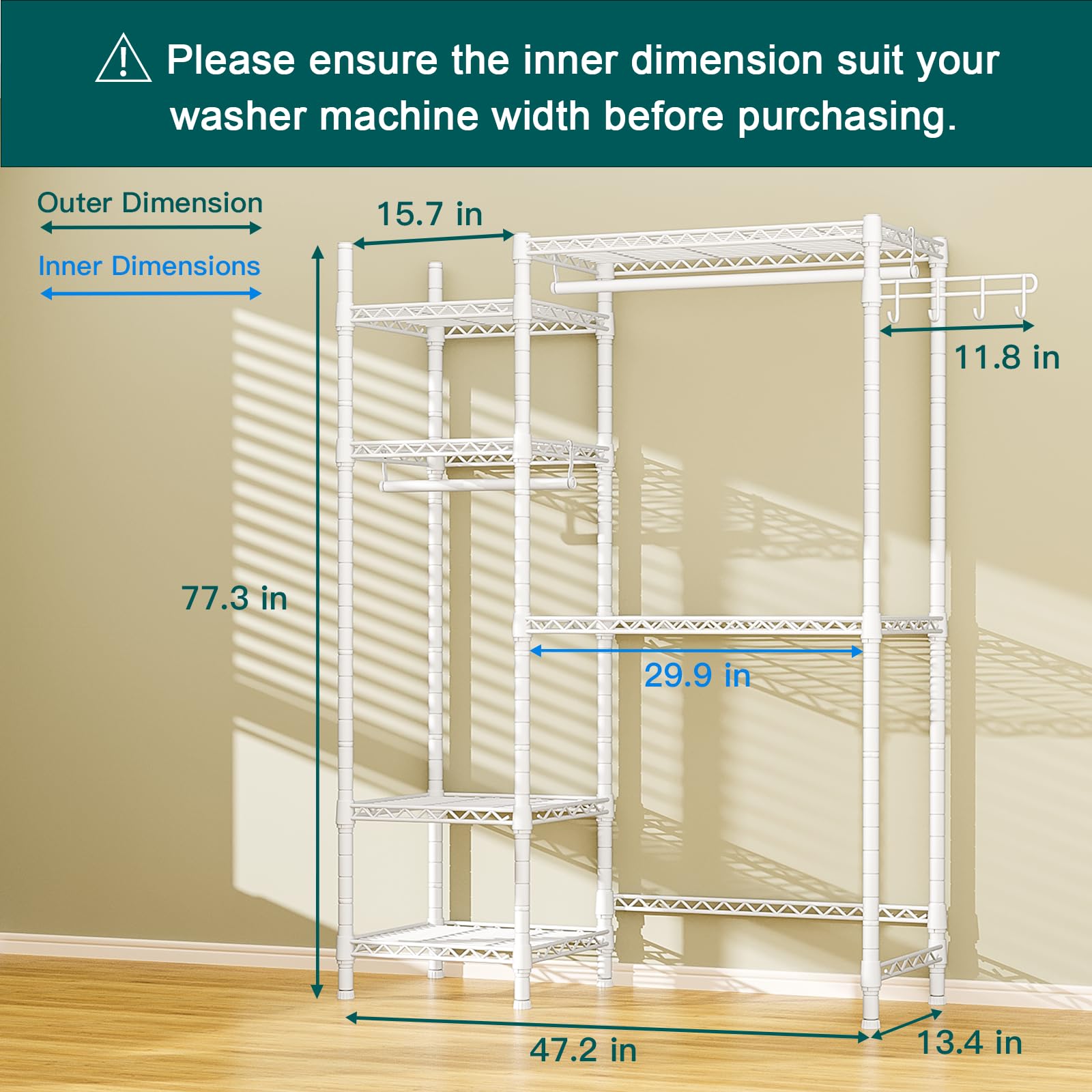 Ulif U7 Over the Washer and Dryer Storage, Laundry Room Heavy-Duty Space Saver with 6 Shelves and 2 Hanger Rods, Laundry Clothes Drying Rack and Toiletries Organizer, 47.2”W x 13.4”D x 77.4”H, White