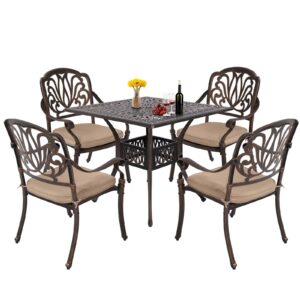 grepatio 5 piece cast aluminum patio dining set outdoor furniture set patio garden set with 4 ding chairs, 4 cushions and 35.4" square patio table 2.4" umbrella hole, antique bronze (khaki)