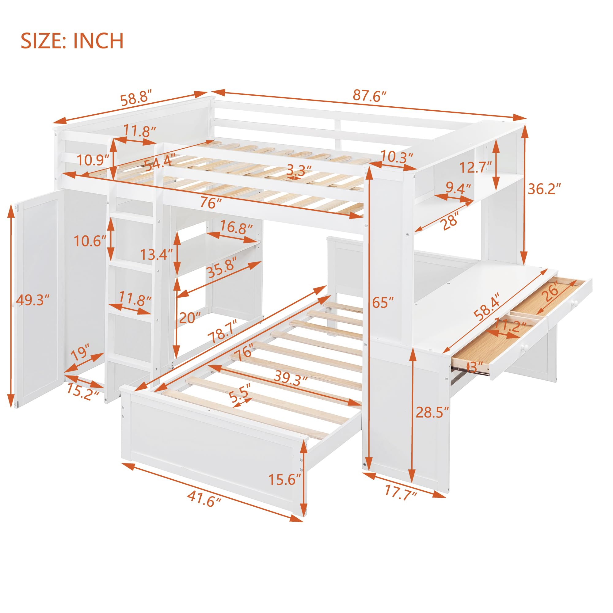 SOFTSEA L-Shaped Loft Bunk Bed for Kids Teens Full Over Twin Bunk Bed with Desk Wardrobe, Storage and Stand-Alone Bed, Full Loft Bed and Twin Platform Bed Set, No Box Spring Needed