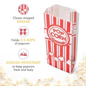 Alitte Paper Popcorn Bags (100-Pack) 1 oz Individual Servings - Leakproof Bottom, Holds 4 Cups of Popcorn - Classic Red and White Stripes, for Movie Night, Carnival, Party, Theater, and Snack Bars