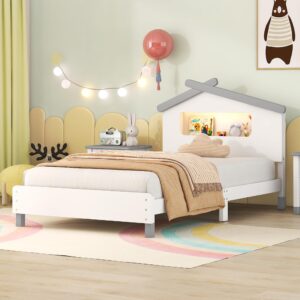 bellemave twin platform bed with led lights, wooden twin kids bed with house-shaped headboard, twin size house bed frame for kids teens girls boys,no box spring needed (white+gray)