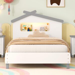 Bellemave Twin Platform Bed with LED Lights, Wooden Twin Kids Bed with House-Shaped Headboard, Twin Size House Bed Frame for Kids Teens Girls Boys,No Box Spring Needed (White+Gray)