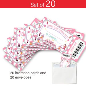 LyoGao 20 Pack Carnival Birthday Party Ticket Invitations With Envelopes Pink Carnival Circus Birthday Party Invitations Fill in Invites (Ticket Style)