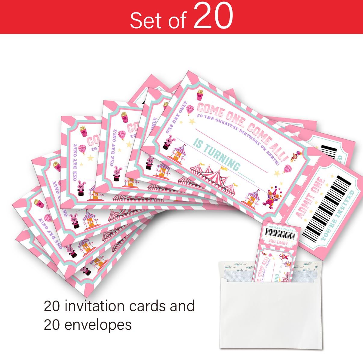 LyoGao 20 Pack Carnival Birthday Party Ticket Invitations With Envelopes Pink Carnival Circus Birthday Party Invitations Fill in Invites (Ticket Style)