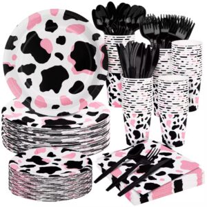 durony 350 pieces pink cow print party tableware set including cowgirl pink cow party plates cups napkins knives forks spoons serves 50 for baby shower farm cow party decorations