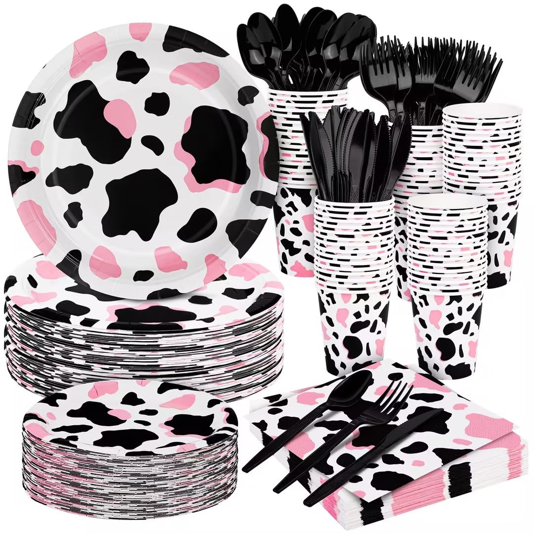 durony 350 Pieces Pink Cow Print Party Tableware Set Including Cowgirl Pink Cow Party Plates Cups Napkins Knives Forks Spoons Serves 50 for Baby Shower Farm Cow Party Decorations