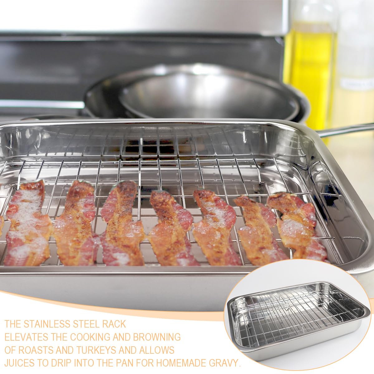 Roasting Pan with Rack Stainless Steel Roaster Pan Tray Rectangular Baking Pan BBQ Bakeware Quarter Sheet with Handles for Baking Cooking (23.5x17.5x5CM)