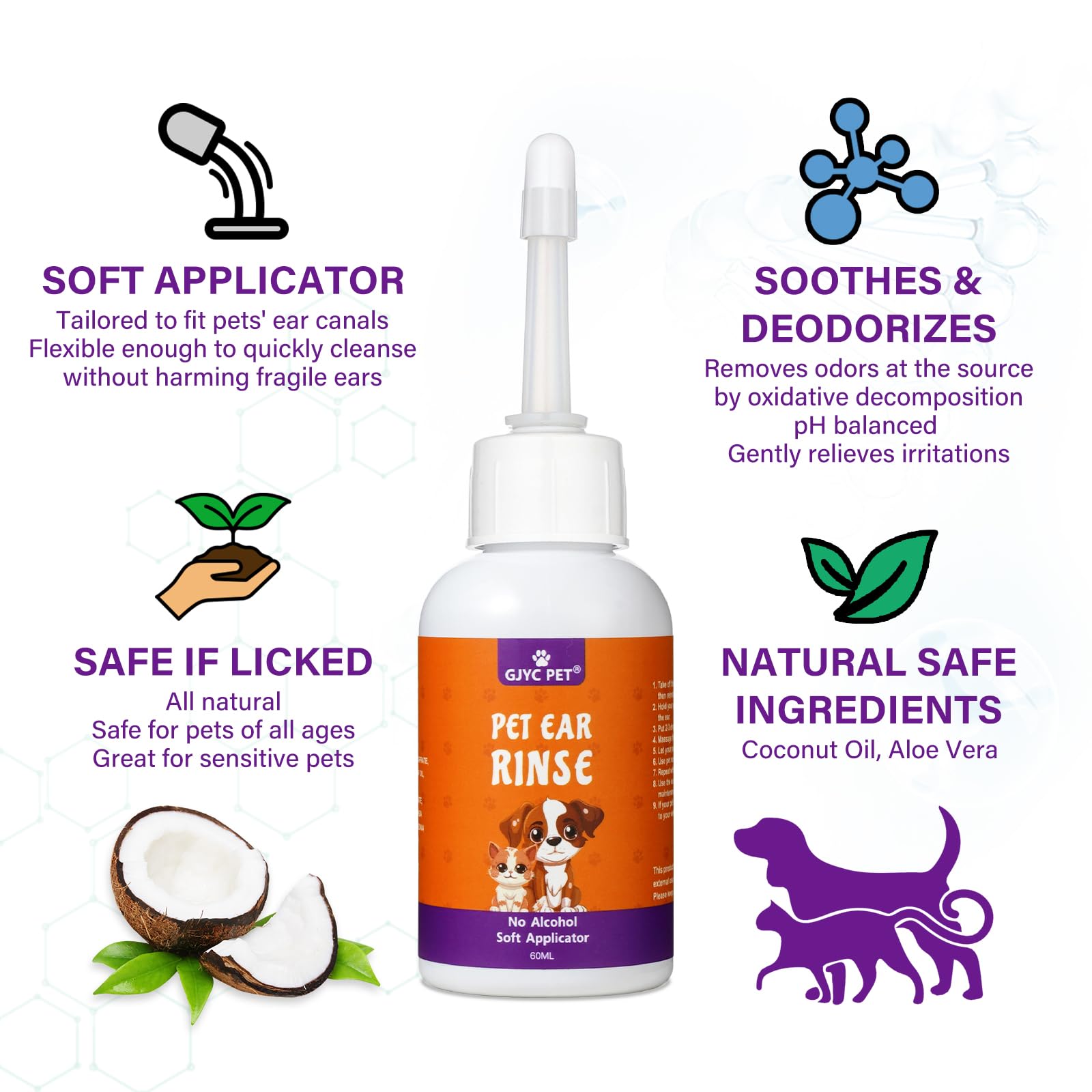 GJYC PET Ear Cleaner for Dogs and Cats,Dog Ear Infection Treatment for Itch Relief, Cleans The Ear Canal from Debris and Buildup Removes Wax, Odor with Aloe 2 Fl oz