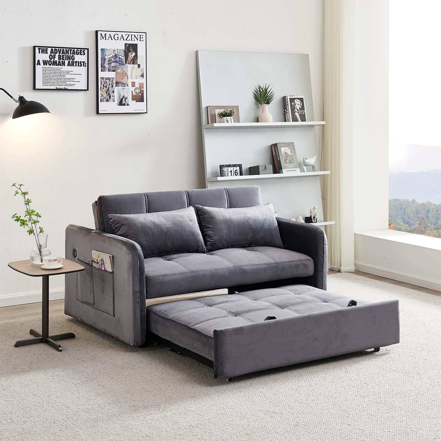 JEEOHEY Sleeper Sofa Couch,55.5" Modern 3-in-1 Tufted Velvet Convertible Pull Out Couch with USB, Adjustable Backrest Small Futon Loveseat Sofa Bed for Small Space Livingroom Apartment Office,Grey