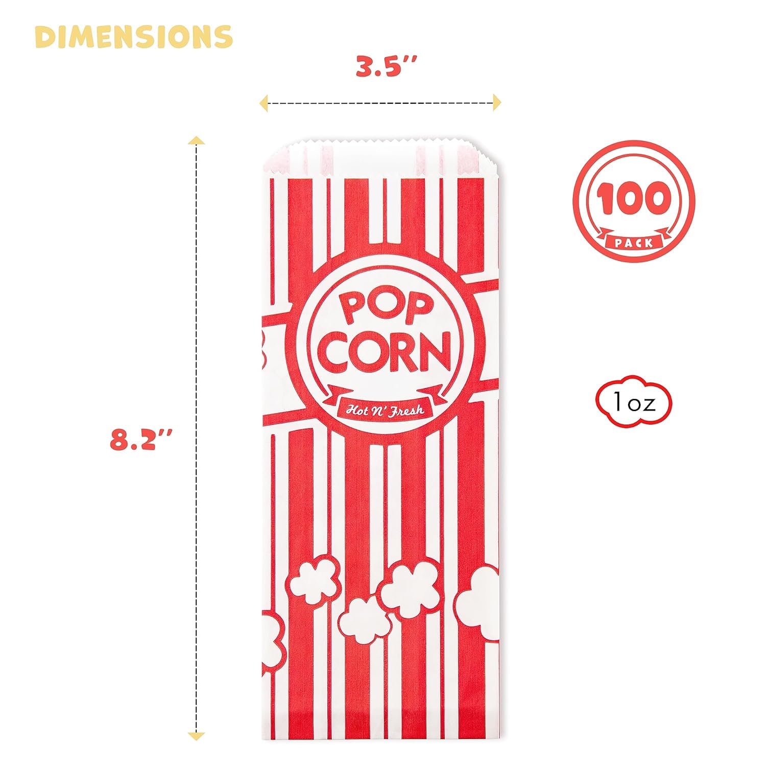 Alitte Paper Popcorn Bags (100-Pack) 1 oz Individual Servings - Leakproof Bottom, Holds 4 Cups of Popcorn - Classic Red and White Stripes, for Movie Night, Carnival, Party, Theater, and Snack Bars