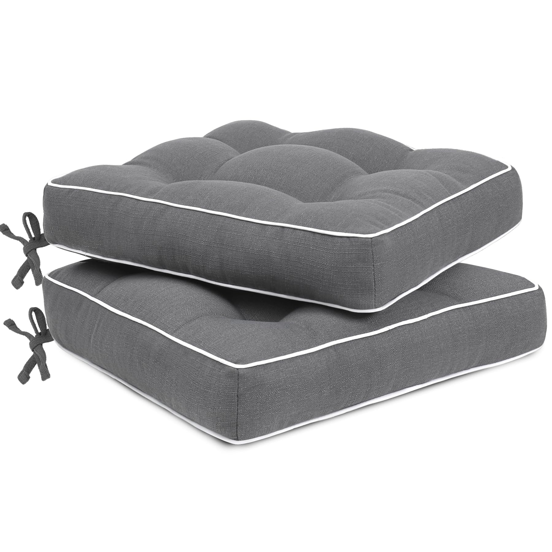 Favoyard Patio Cushions 19 x 19 Inch Indoor & Outdoor Chair Cushions Water-Resistant Seat Cushion for Patio Furniture 3-Year Color Fastness Square Tufted Couch Chair Pads with Ties, 2 Pack, Dark Gray