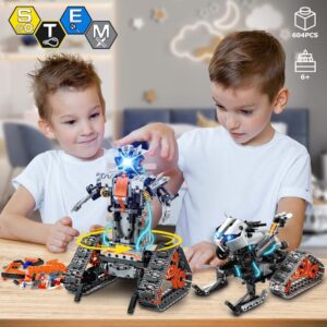 HOGOKIDS 5 in 1 STEM Building Set with LED Light - APP & Remote Controlled Cars Building Toys Kit, RC Robot Tank Sleigh Tracked Racer 604 PCS, Toy Gifts for Kids Boys Girls Ages 6 7 8 9 10 11 12+ Year