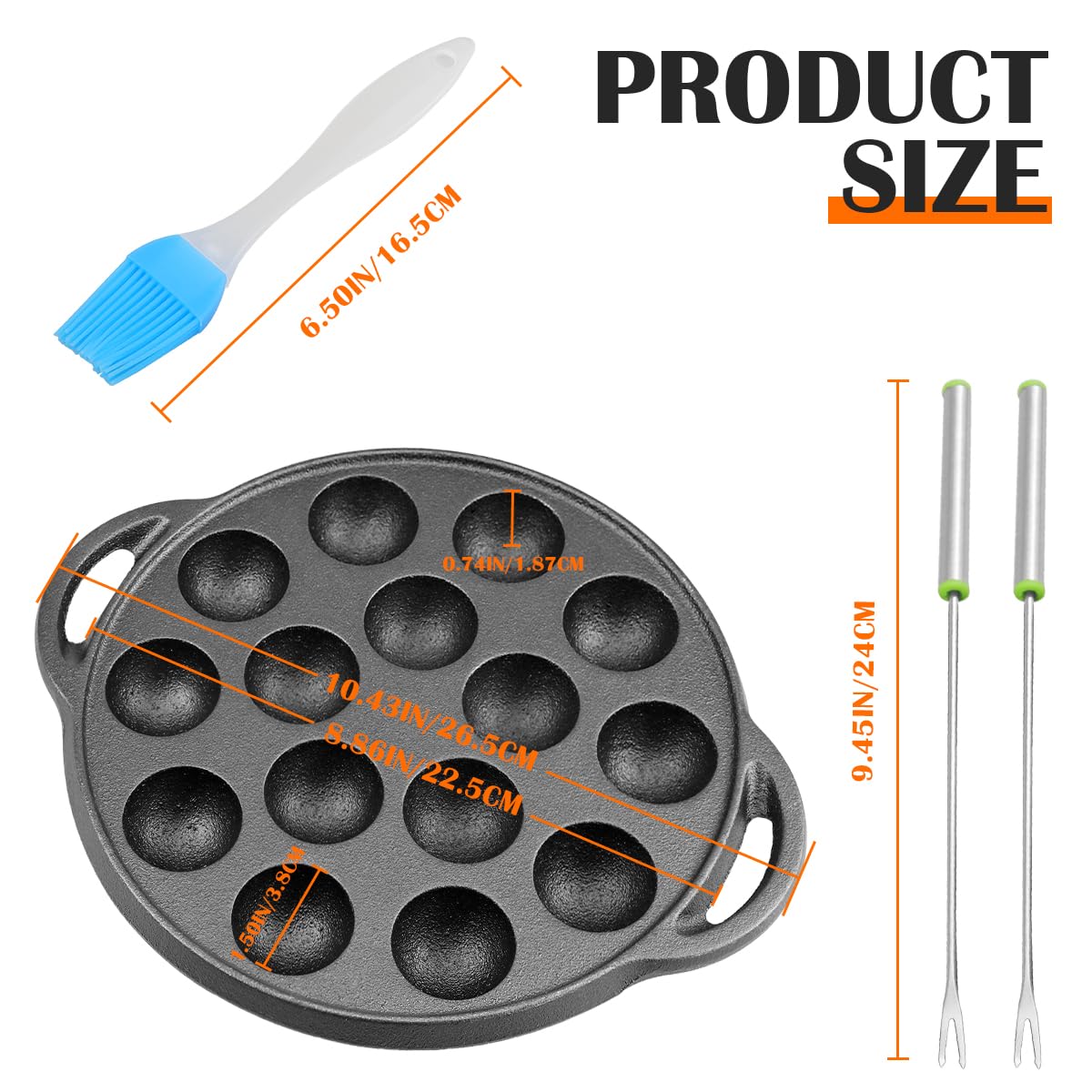 Escargot Dish Cast Iron Takoyaki Mushroom Plate with 15 Compartment Holes, Octopus Ball Maker with Forks and Brush for Snails, BBQ, and Mushroom Cooking