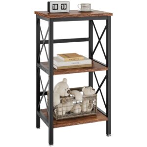 ymyny 3 tiers bookcase, industrial metal bookshelf with side fence, storage organizer for living room, home office, bedroom, display racks, sofa side table, rustic brown, 29.5*15.75*11.4" uhst008h