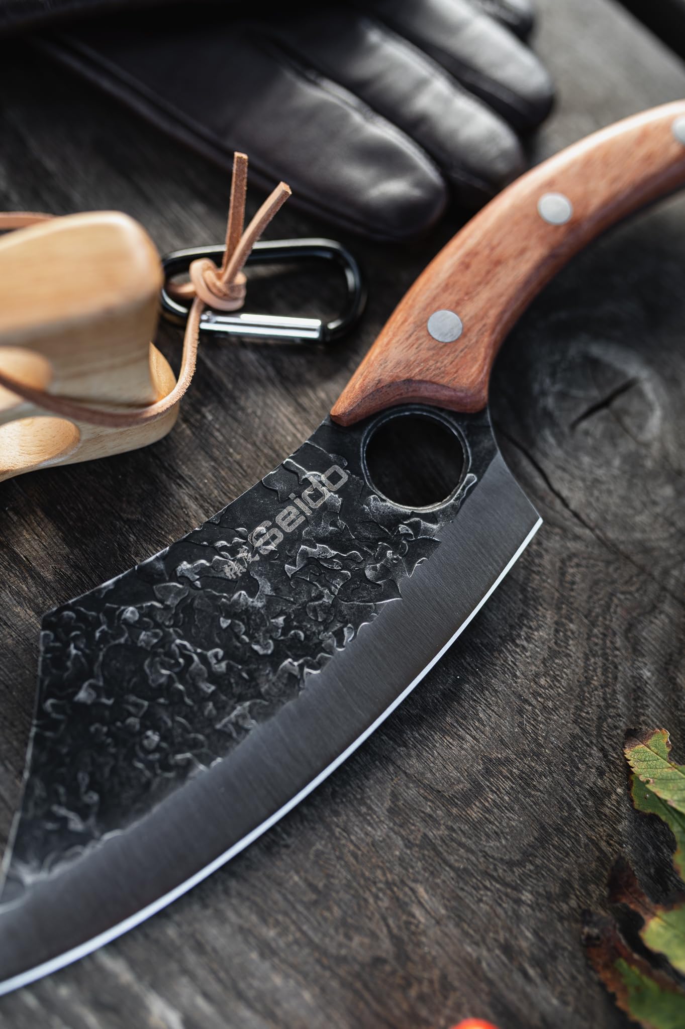 Seido Knives Hakai Chef Cleaver Knife with Curve Rosewood Handle and Premium Leather Sheath - Artisan Crafted High Carbon Stainless Steel for Kitchen, Camping, and BBQ