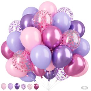 pink and purple balloons, 50pcs 12 inch purple pink confetti balloons, metallic purple pink latex balloons with ribbon, party balloons for girls birthday baby shower wedding party decorations