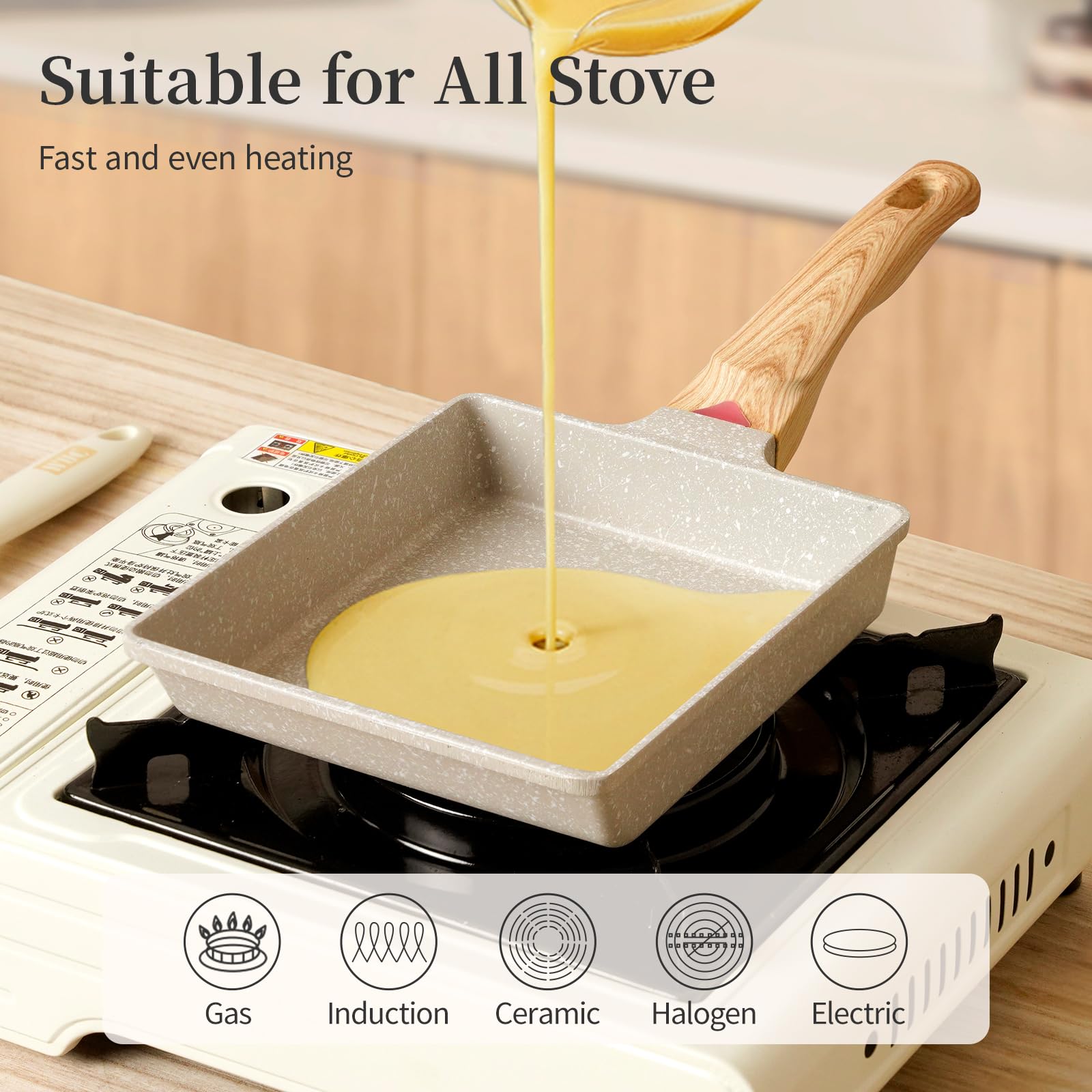 Innerwell Tamagoyaki Pan Japanese Omelette Pan - Nonstick Tamago Pan, Rectangle Egg Frying Pan, Omelet Pan with Spatula & Whisk, Wooden Handle, PFOS & PFOA Free, Oven & Dishwasher Safe