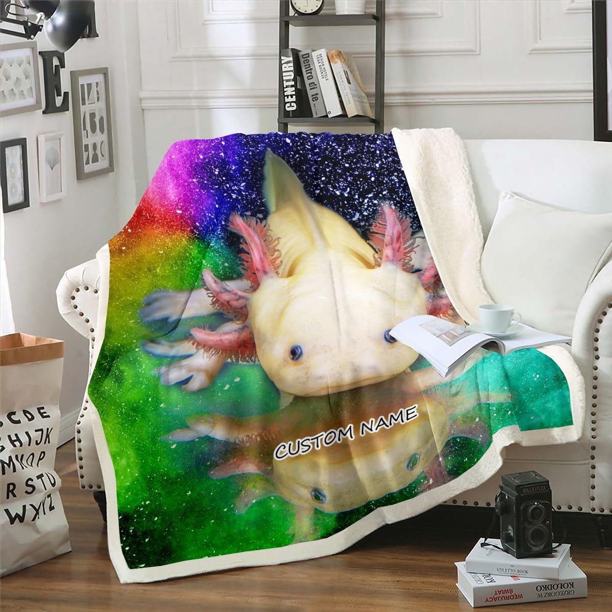 Custom Name Cute Axolotl Blanket 50"x60" 3D Rainbow Axolotls Throw Blanket for Child Boys,Sea Wildlife Animals Reptile Fleece Blanket Kawaii Axolotl Bed Blanket Kids Ocean Theme Bedroom Decor